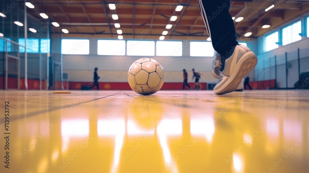 Football futsal player, ball, futsal floor. Sports background. Indoor ...