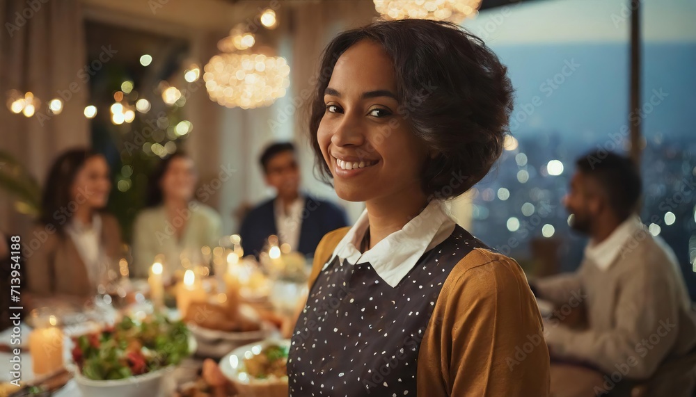 A young woman warmly welcomes guests to her dinner party, embodying ...
