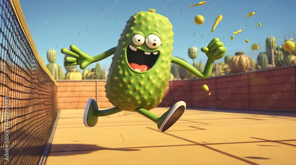 Dill pickle cartoon character leaping and diving to hit a rogue ...