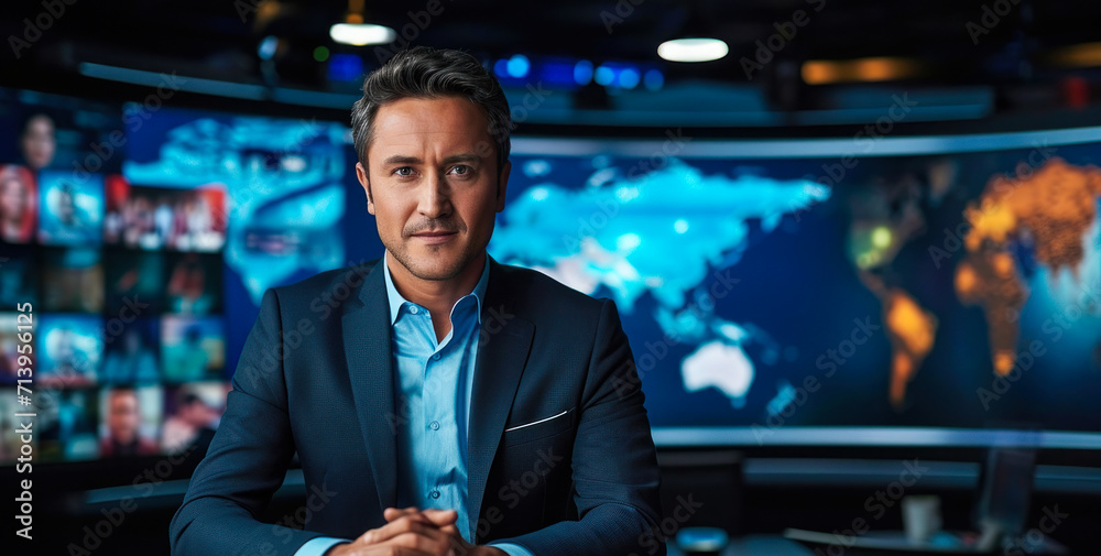 Confident male news anchor reporting live from the broadcasting studio ...
