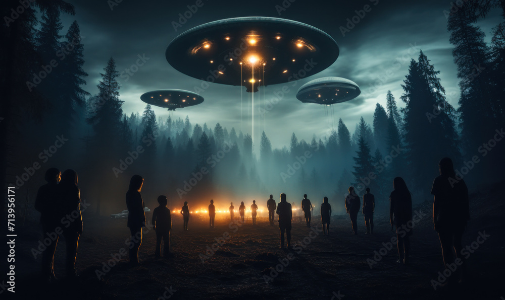 Eerie extraterrestrial beings with slender bodies advancing under a ...