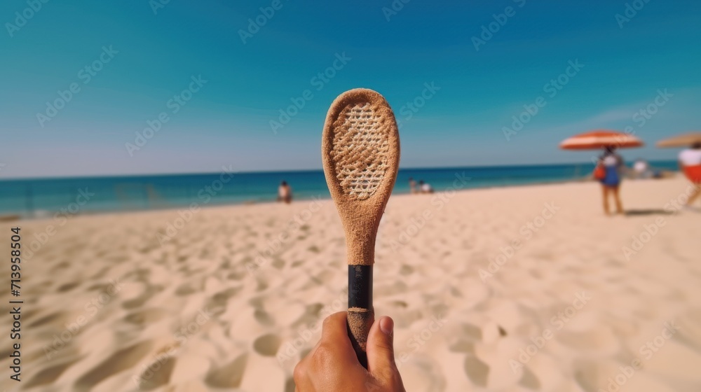 Beach tennis racket and ball. Man holding racket with sand and beach ...