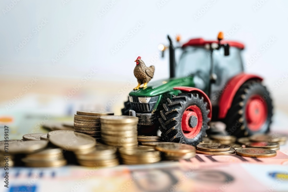 Agricultural Wealth: A Green Tractor Pushing a Heap of Coins Standing ...