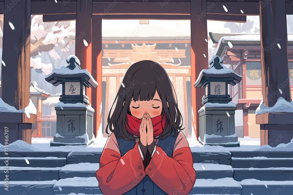 cute anime girl praying in a buddhist temple in winter Stock ...