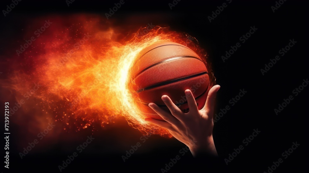 Photorealistic hand throwing orange basketball ball burning on black ...