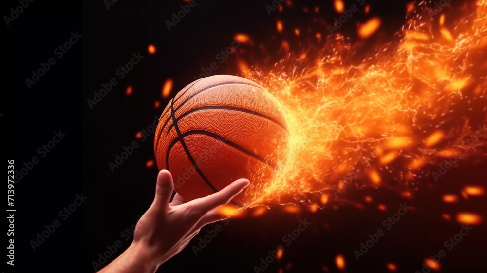 Photorealistic hand throwing orange basketball ball burning on black ...