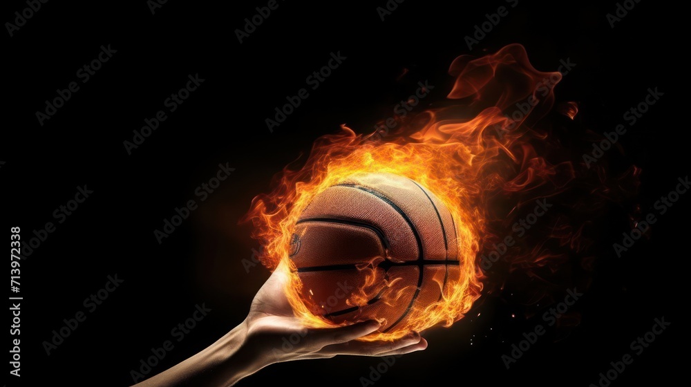 Photorealistic hand throwing orange basketball ball burning on black ...