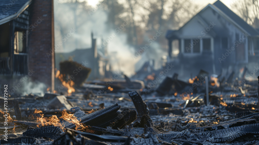 Aftermath of a fire in a residential area, charred remains of houses ...
