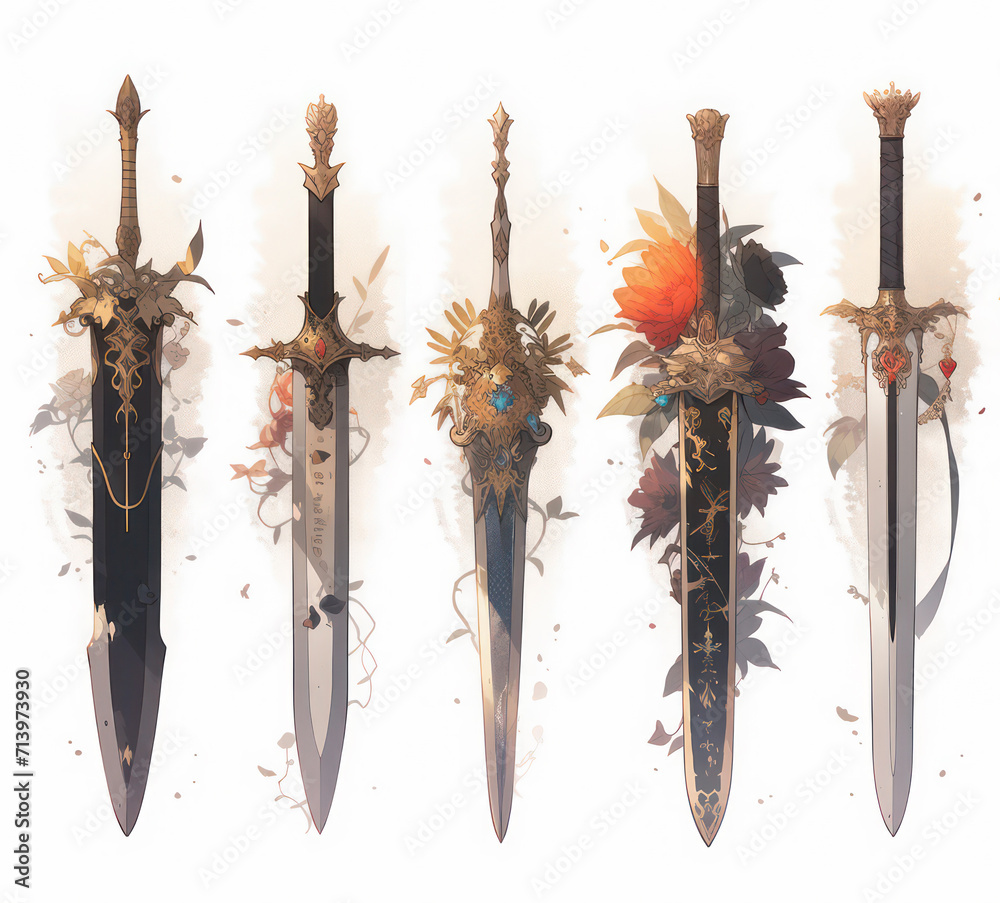 Epic warrior swords on isolated white background - anime art style ...