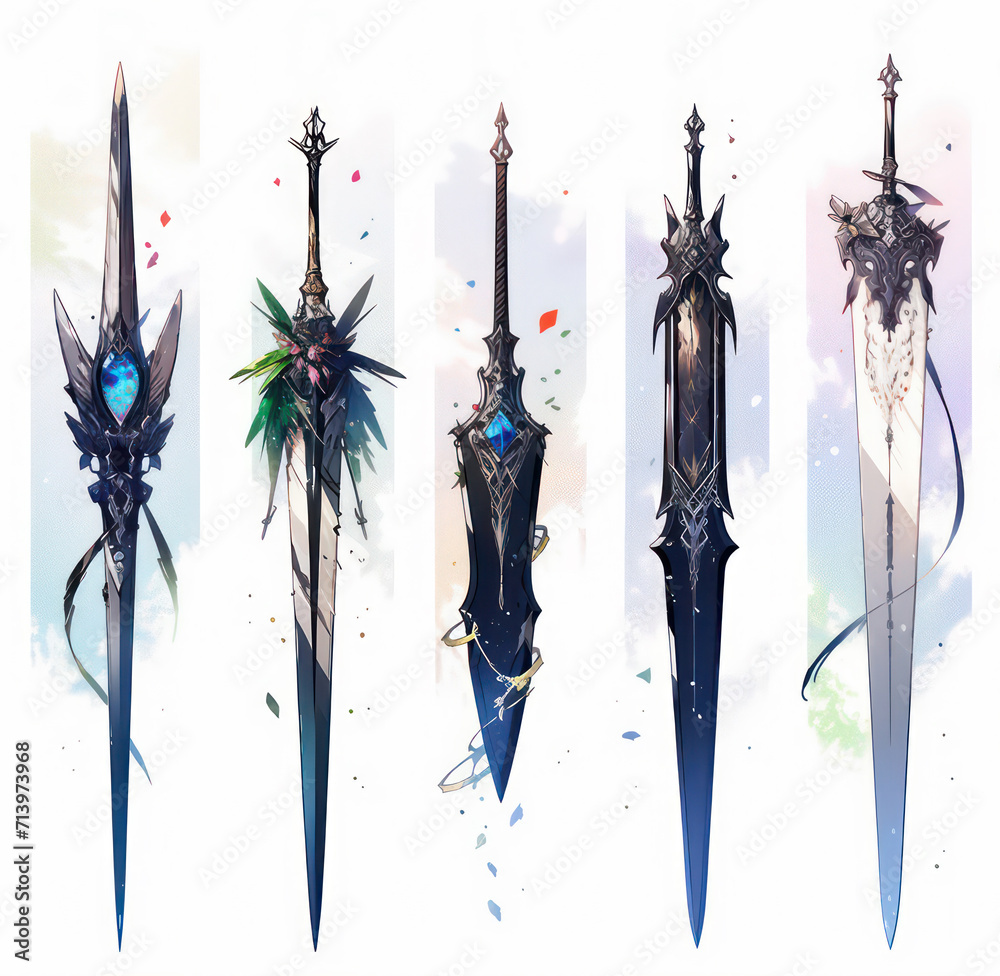 Epic warrior swords on isolated white background - anime art style ...