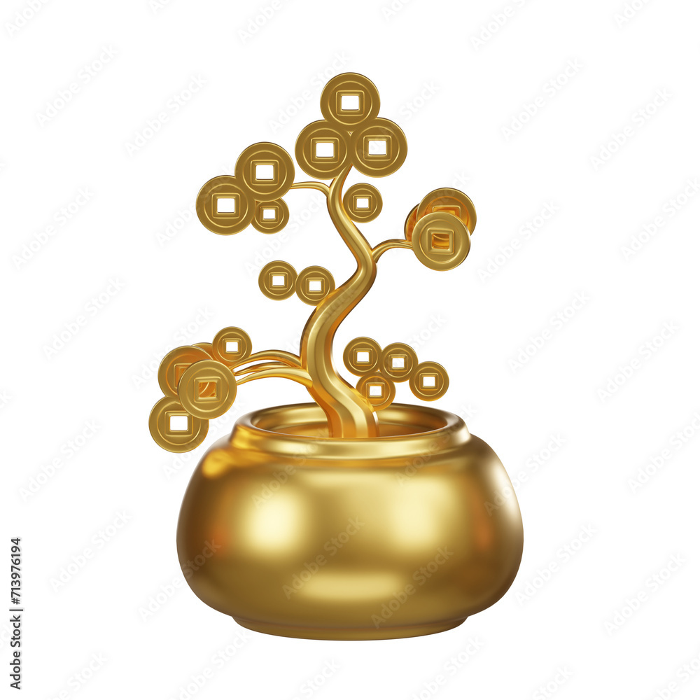 Golden Chinese Money Tree 3D Icon. A 3D icon featuring a golden Chinese ...