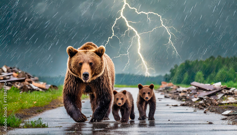 A Brown Bear with her cubs are walking on an asphalt road while it's ...
