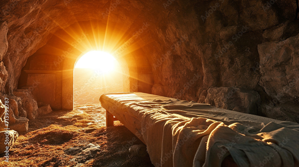 biblical scene of Resurrection Of Jesus Christ, Tomb Empty with sun ...