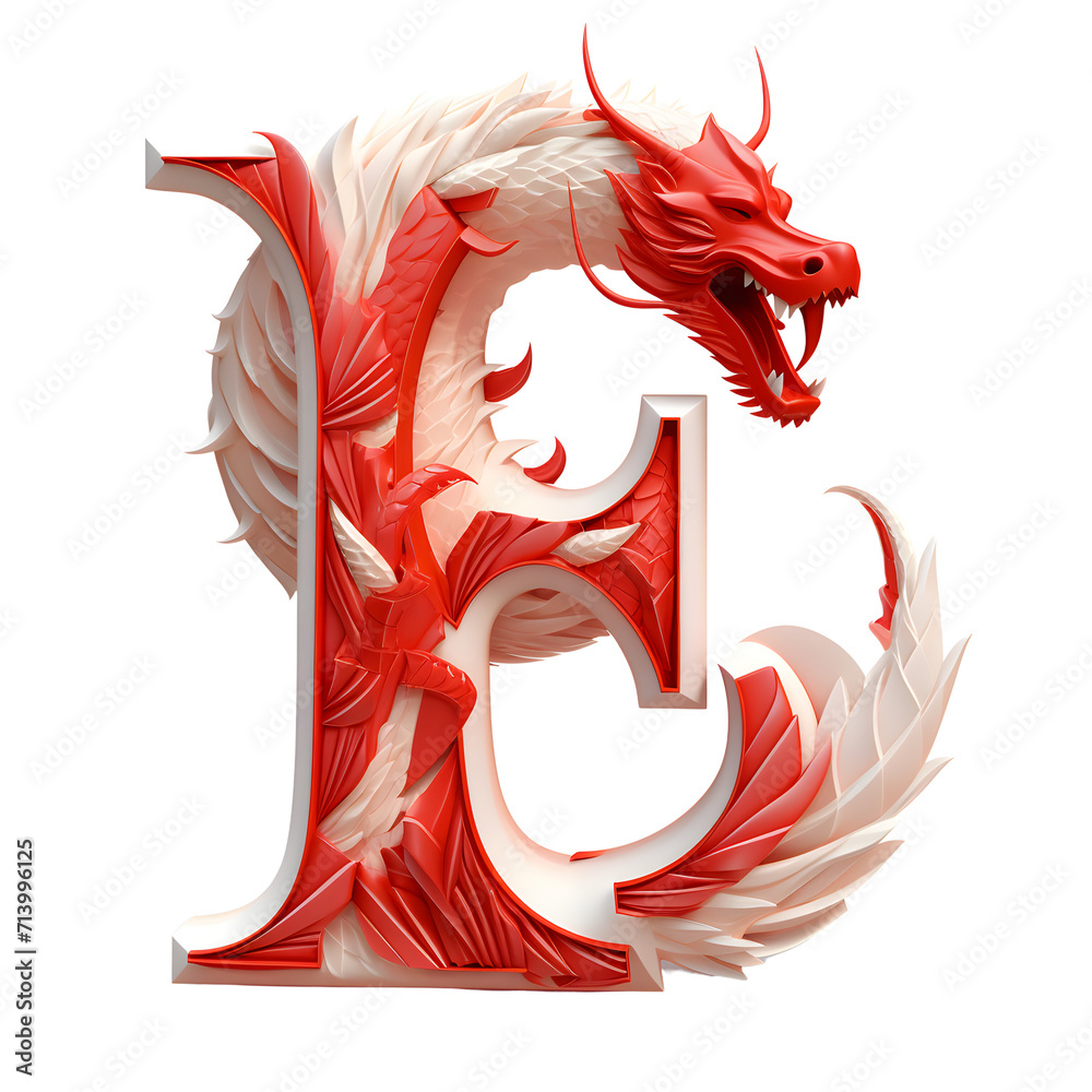A white "E" letter "DRAGON APHABET", isometric design, with red drawing ...