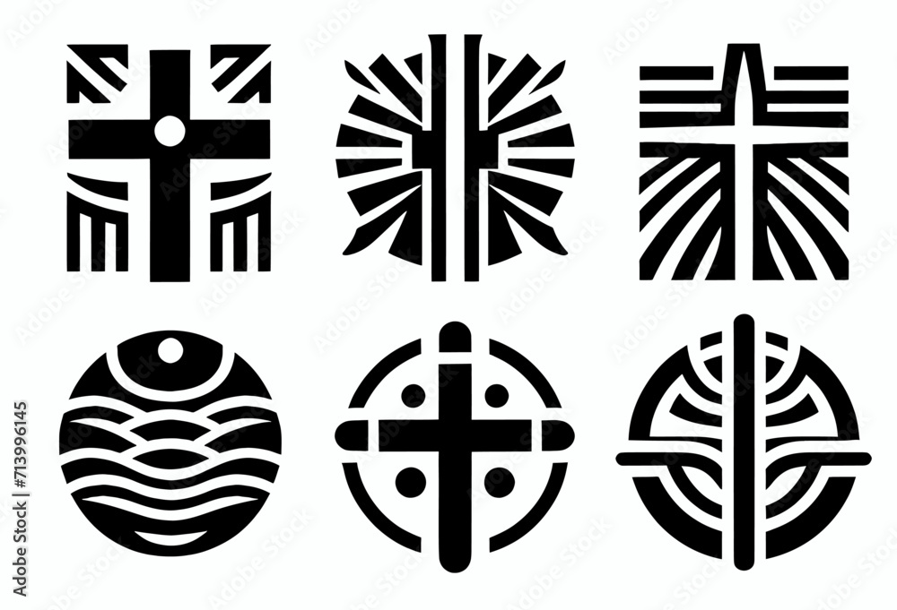 set of black and white Christian logos, a set of black church icons on ...