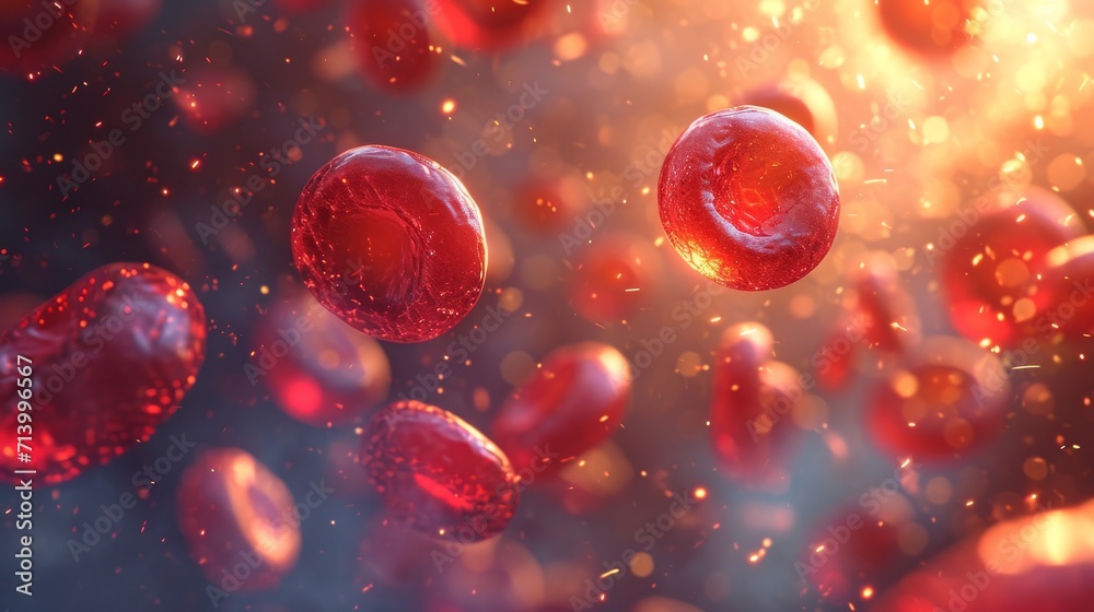 3D illustration electron microscope of red blood cells, Close-up under ...