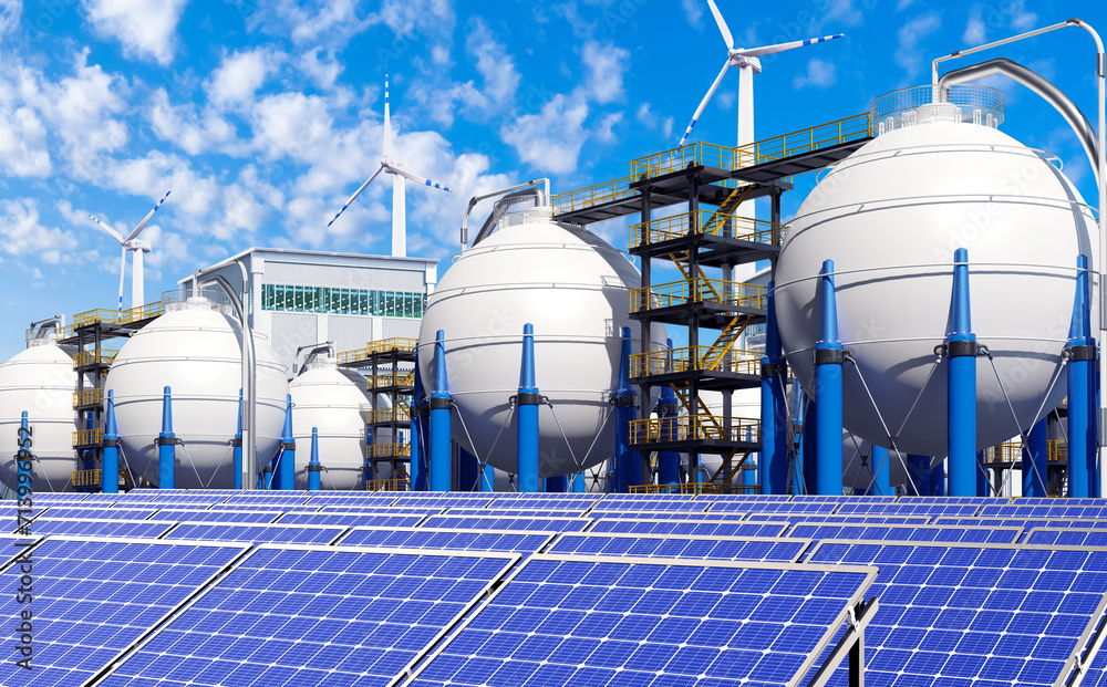 Power station. Solar panels near enterprise. Industrial tanks for ...