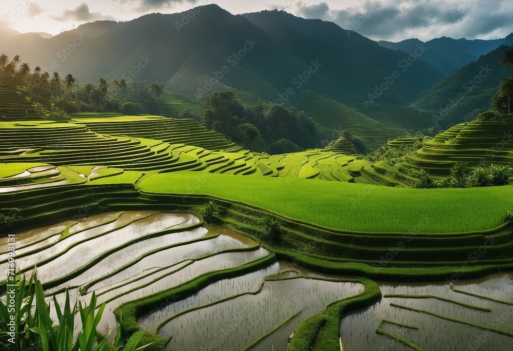 Panoramic landscape of Indonesian rice field terraces on a mountain ...