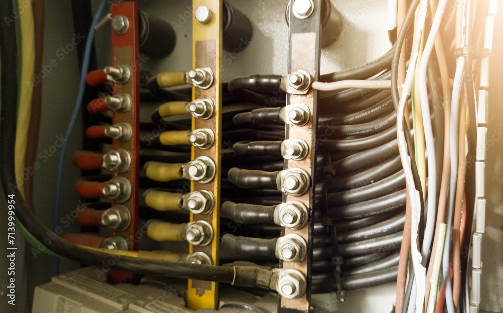 Three phase cable point with copper busbar and connection bolt ...