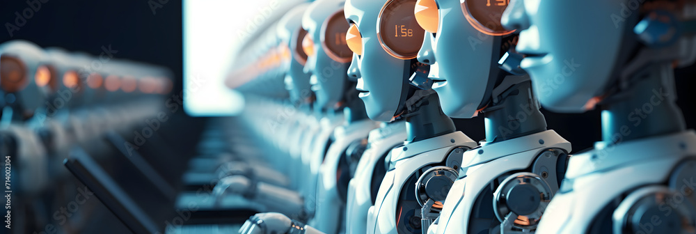 Row of robots in call center working as operators answering customer ...