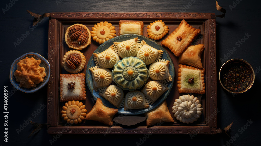 A tray of assorted Middle Eastern pastries, including baklava and ...