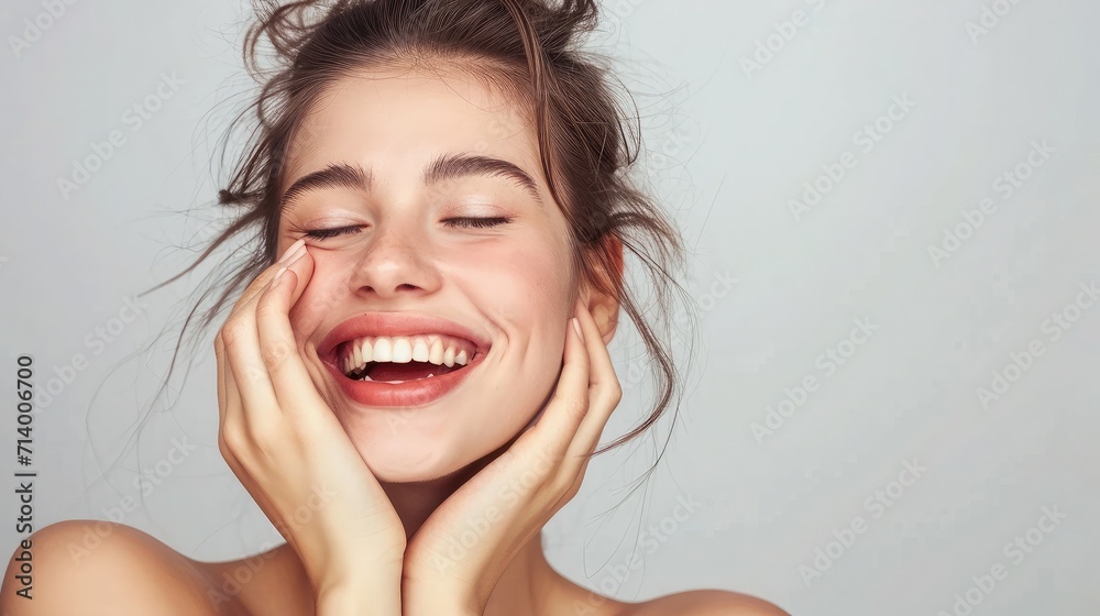 Happy beautiful girl holding her cheeks with a laugh looking to the ...