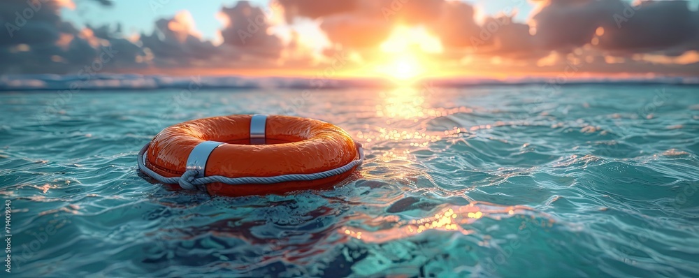 Summer safety at sea with blue water rescue ring floating buoy in ocean ...