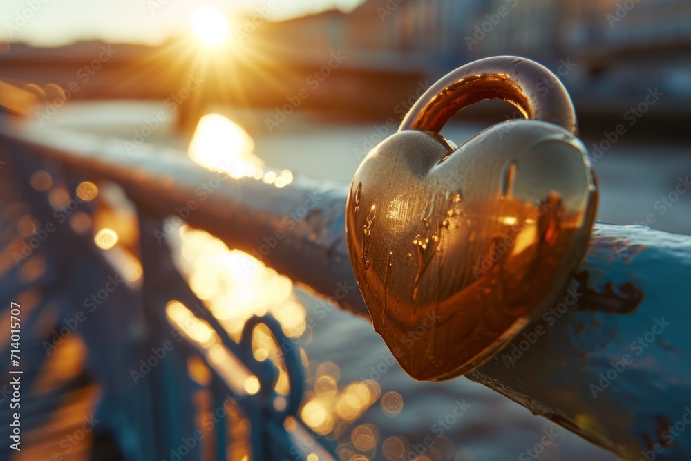 Love lock attached to a bridge railing, catching the golden daylight, a ...