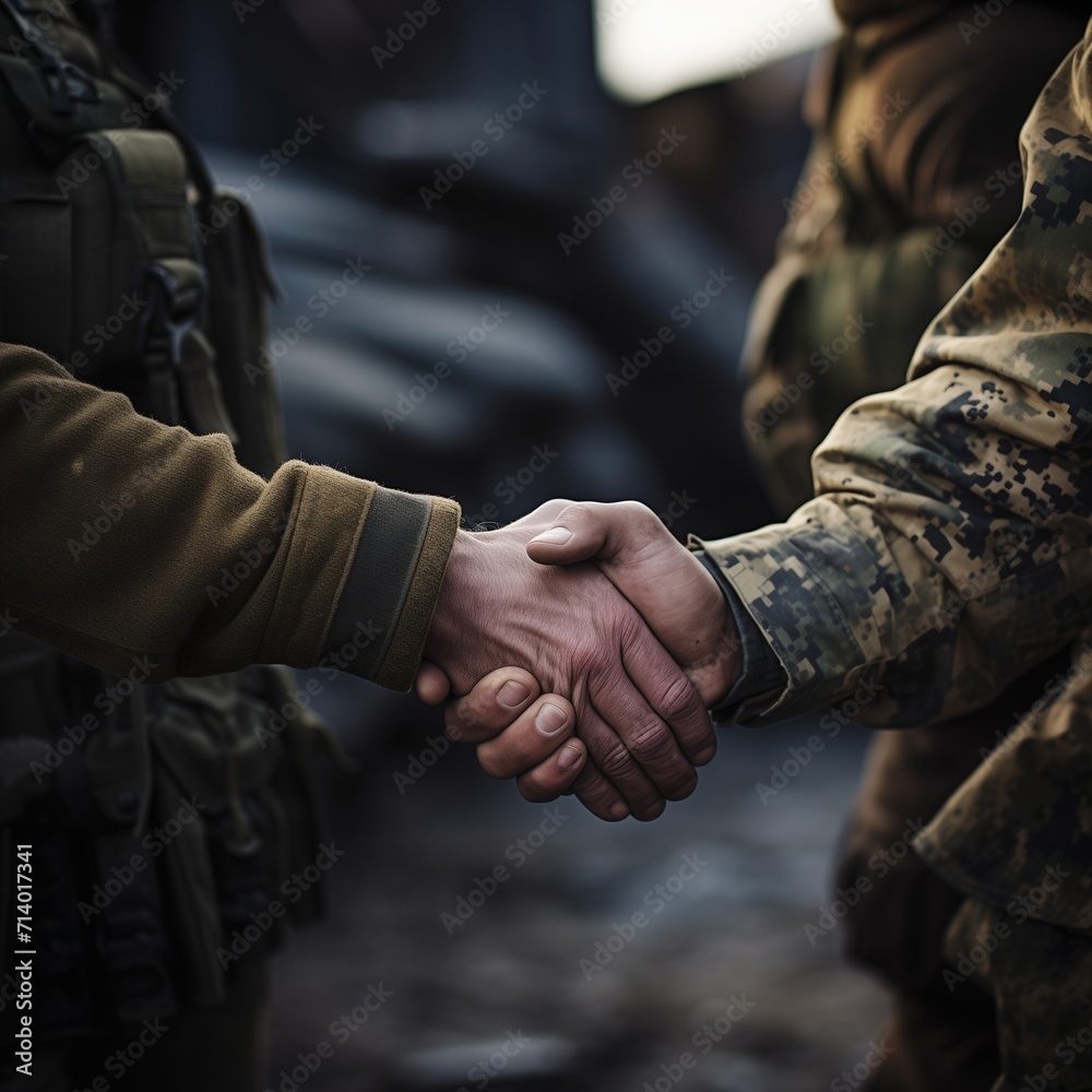 Military, army or handshake for partnership, teamwork or deal in war ...