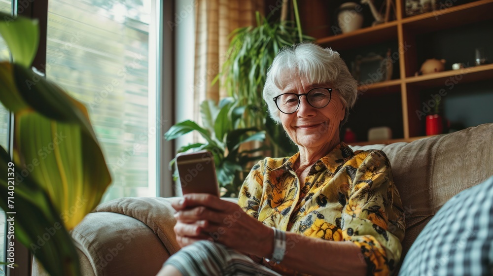 Happy senior female holding smartphone using mobile phone app ...