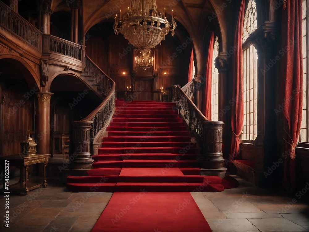 Medieval castle interior. palace staircase with a red carpet design ...