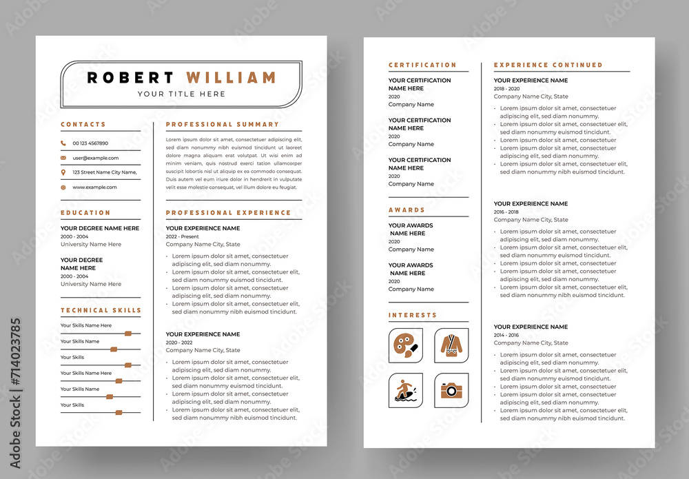 Clean Professional Resume Design Layout Stock Template | Adobe Stock