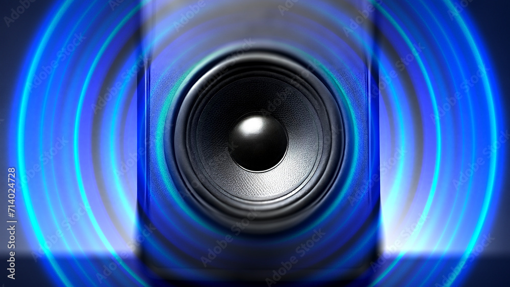 Audio speaker with oscillating blue sound waves. Professional hi-fi ...