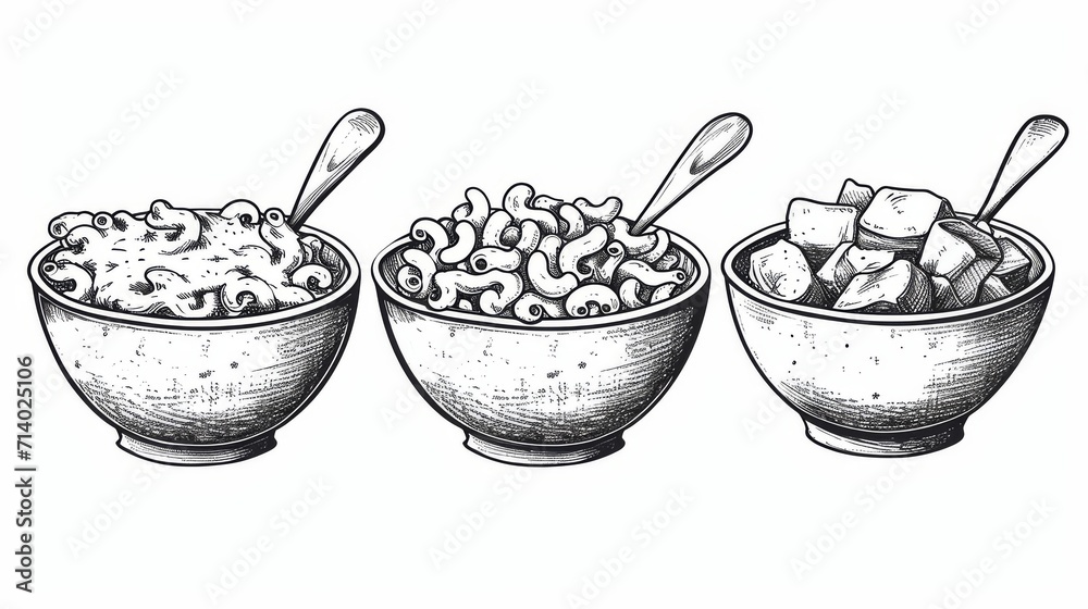 Set Hand drawn sketch homemade macaroni and cheese in a bowl. Isolated ...