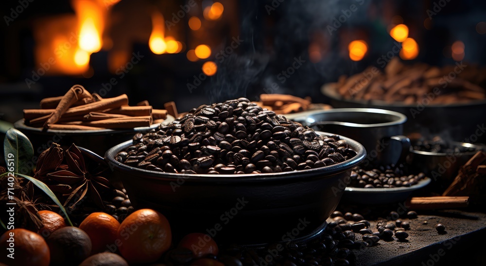 A fragrant pot of aromatic coffee beans and spicy cinnamon sticks ...