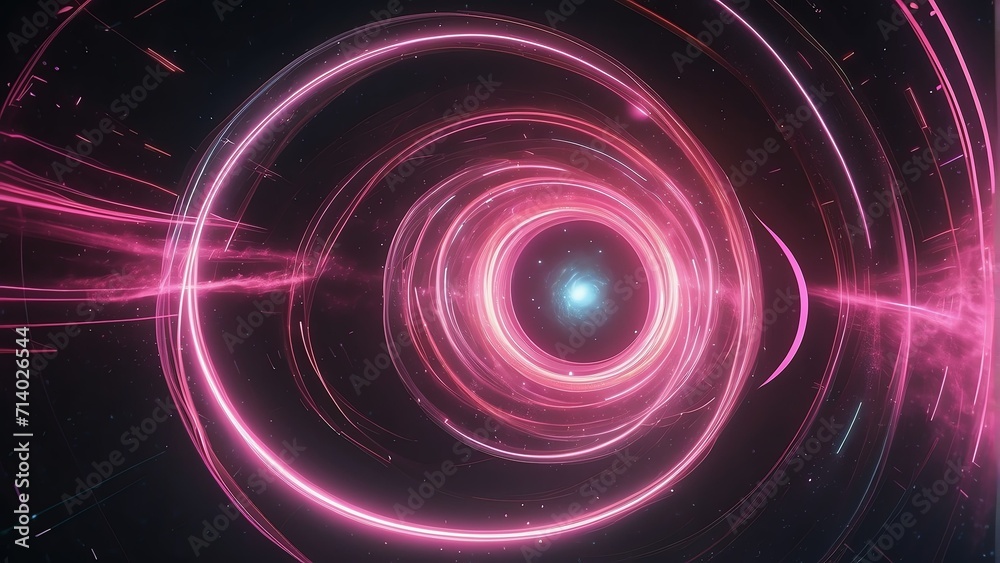 Spinning spiral vortex of neon pink light streaks and particles ...