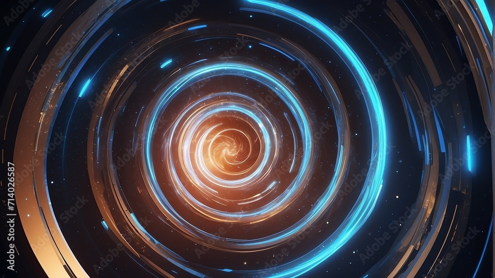 Spinning spiral vortex of neon blue light streaks and particles ...