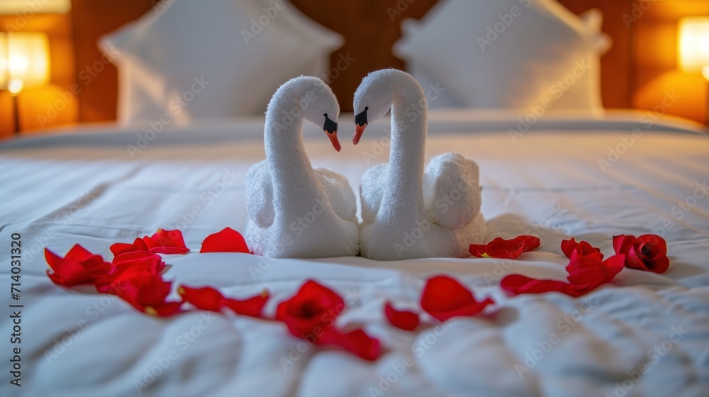 White two towel swans and red rose on the bed in Honey moon suit honeymoon sweet. Swan couple ...