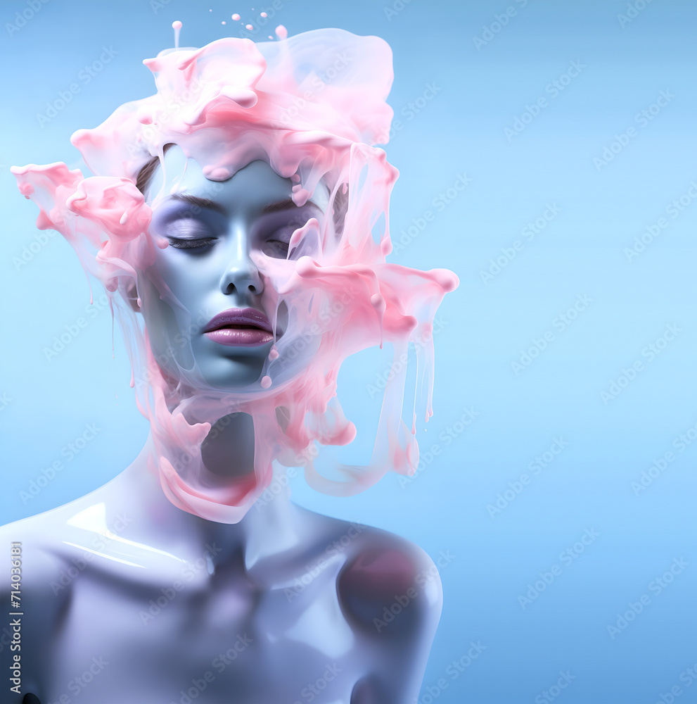 Fashion surreal Concept. Closeup portrait of glossy skin girl surround ...