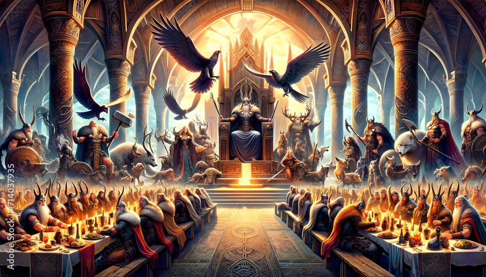 Majestic illustration of the gods in Valhalla, depicting the grand hall and figures of Norse ...