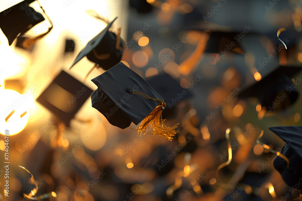 university graduates wearing graduation gown and square caps, view from ...