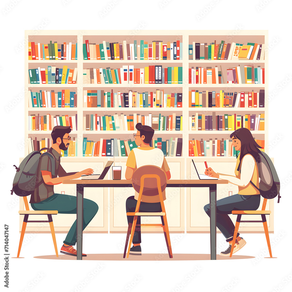 Students studying together in a library isolated on white background ...