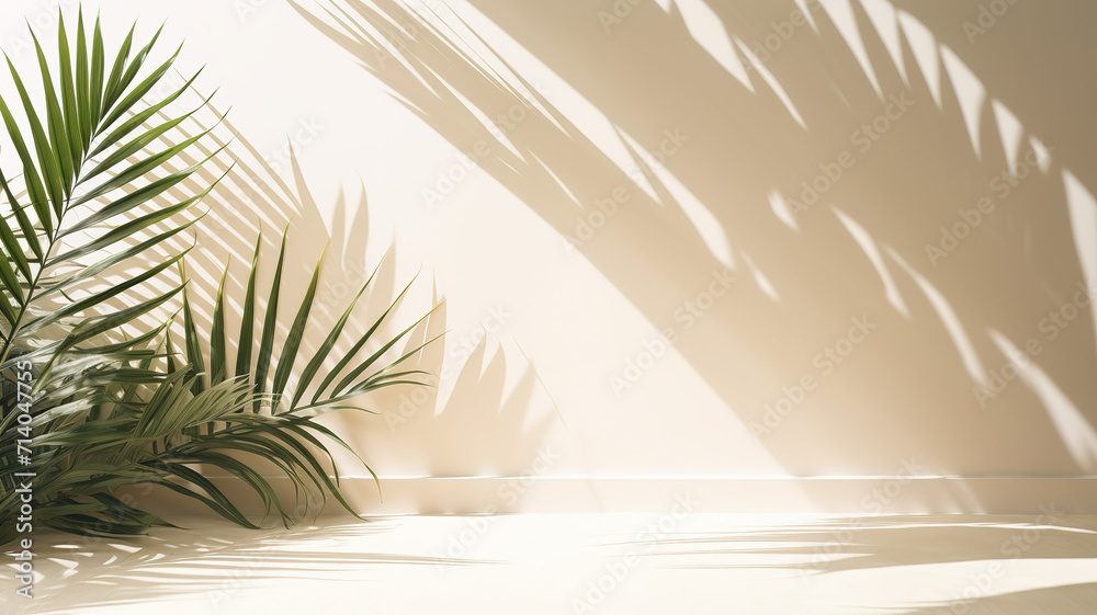 Potted plants against an empty white wall. The shadow of a plant on the ...