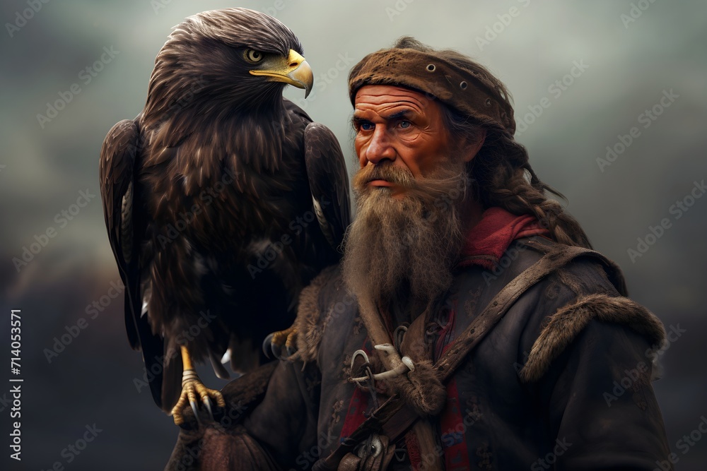 prehistoric falconry, bearded man training falcons in vintage attire ...