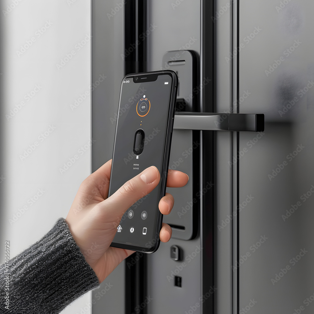 ภาพประกอบสต็อก Smart door lock being unlocked with a phone isolated on ...