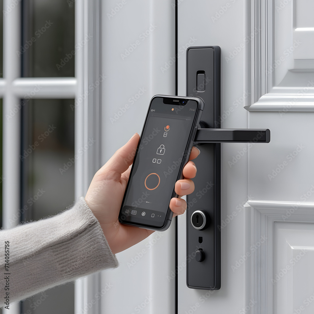 Smart door lock being unlocked with a phone isolated on white ...
