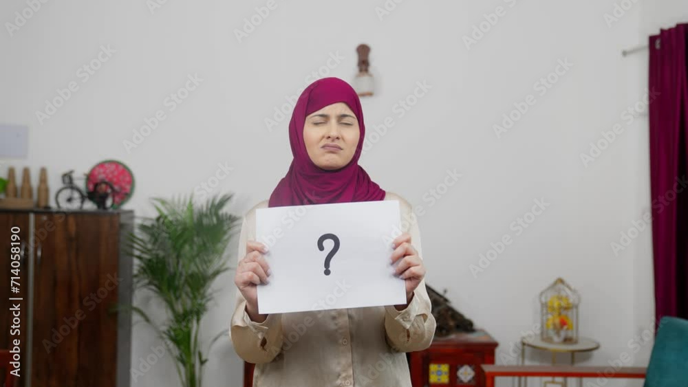 Question Mark, Confused Muslim Woman in Hijab Scarf standing with ...