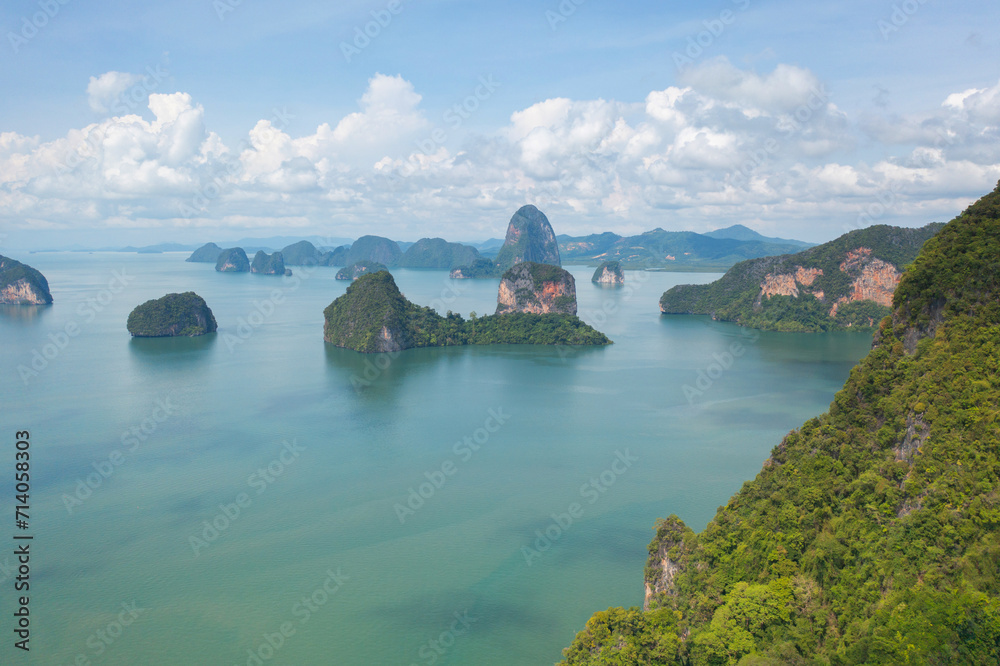Aerial top view of Khao Phing Kan, Ko Ta Pu, Phang Nga, lush green ...