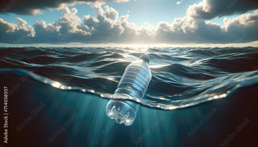 realistic depiction of a single plastic water bottle floating in the ocean Stock Photo | Adobe Stock