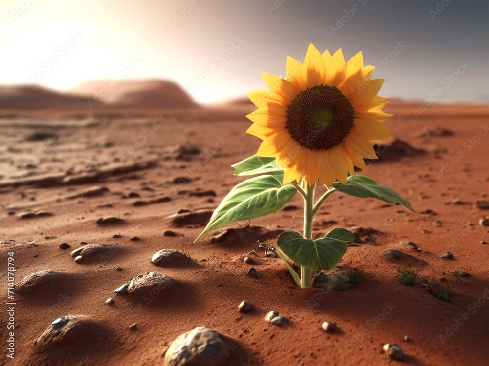 sunflower growing on the soil of mars planet. Life on Mars, searching ...